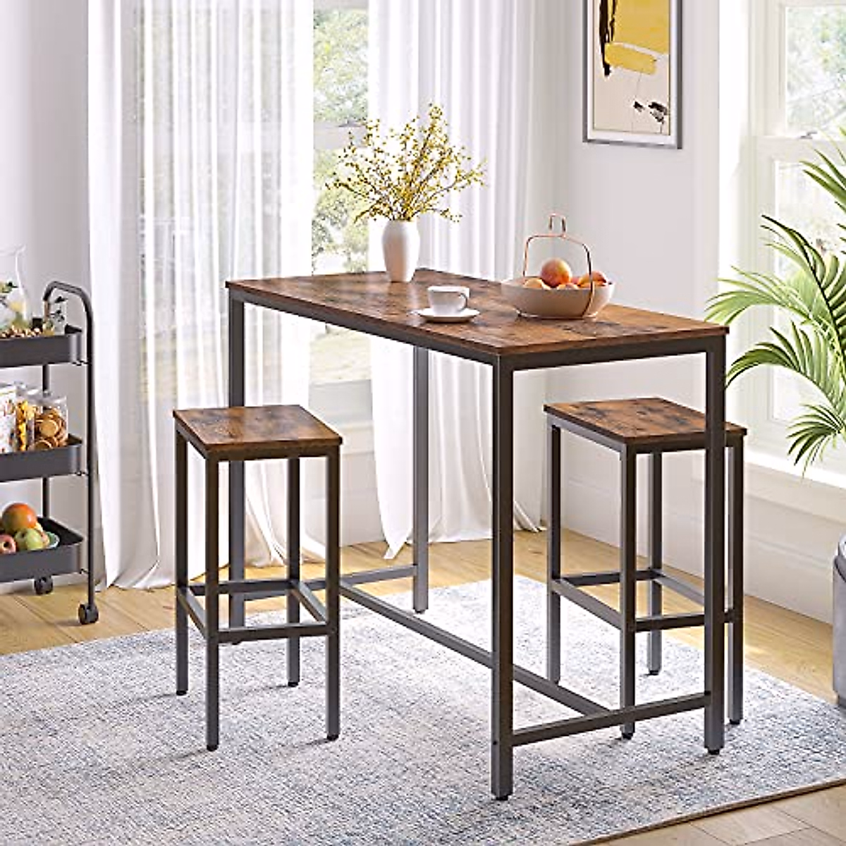 HOOBRO Bar Table, 47.2” Rectangular Pub Table, Dining Table for Living Room, Dining Room, Kitchen, Adjustable Feet, Sturdy Metal Frame, Industrial Design, Easy Assembly, Rustic Brown BF50BT01