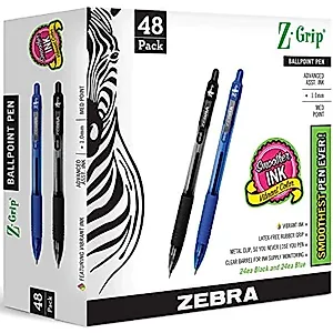 Zebra Pen bulk pack of 48 ink pens Z-Grip Retractable ballpoint pens Medium point 1.0 mm 24 black pens & 24 Blue pens combo pack
