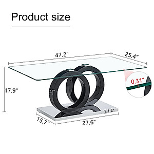 Tempered Glass Coffee Table for Living Room, Rectangular Center Table with MDF Table Legs, Modern Minimalist Cocktail Table for Small Space, Apartment, Office (Black, O-Shaped Base)