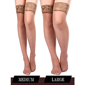 Boao 4 Pairs Women Thigh High Stocking Silicone Lace Top Stockings Silky Semi Sheer Tights for Women(Medium,Coffee)