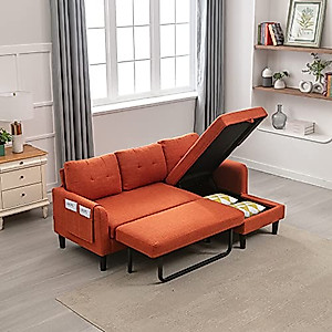 Hdxdkog L-Shaped Sectional Sofa with Pull-Out Bed 72" Sectional Sleeper Sofa Bed with Storage Chaise Lounge and Pocket, Upholstered Corner Couch for Living Room Home Office (Orange)