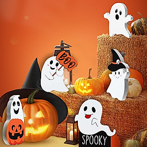 5 Pcs Halloween Wooden Decor Cute Ghost Halloween Tiered Tray Decorations Set Mini Ghost Kit Pumpkin Blocks for Indoor, Desk, Fireplace, Kitchen, Shelf Display, Table