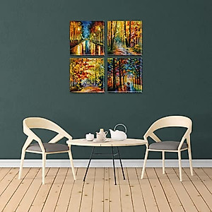 Colorful Landscape Oil Painting Wall Art Canvas Paintings Abstract Texture Rainbow Trees with Walking People Prints Pictures 4 Pieces Living Room Bedroom Artwork 12"x12"