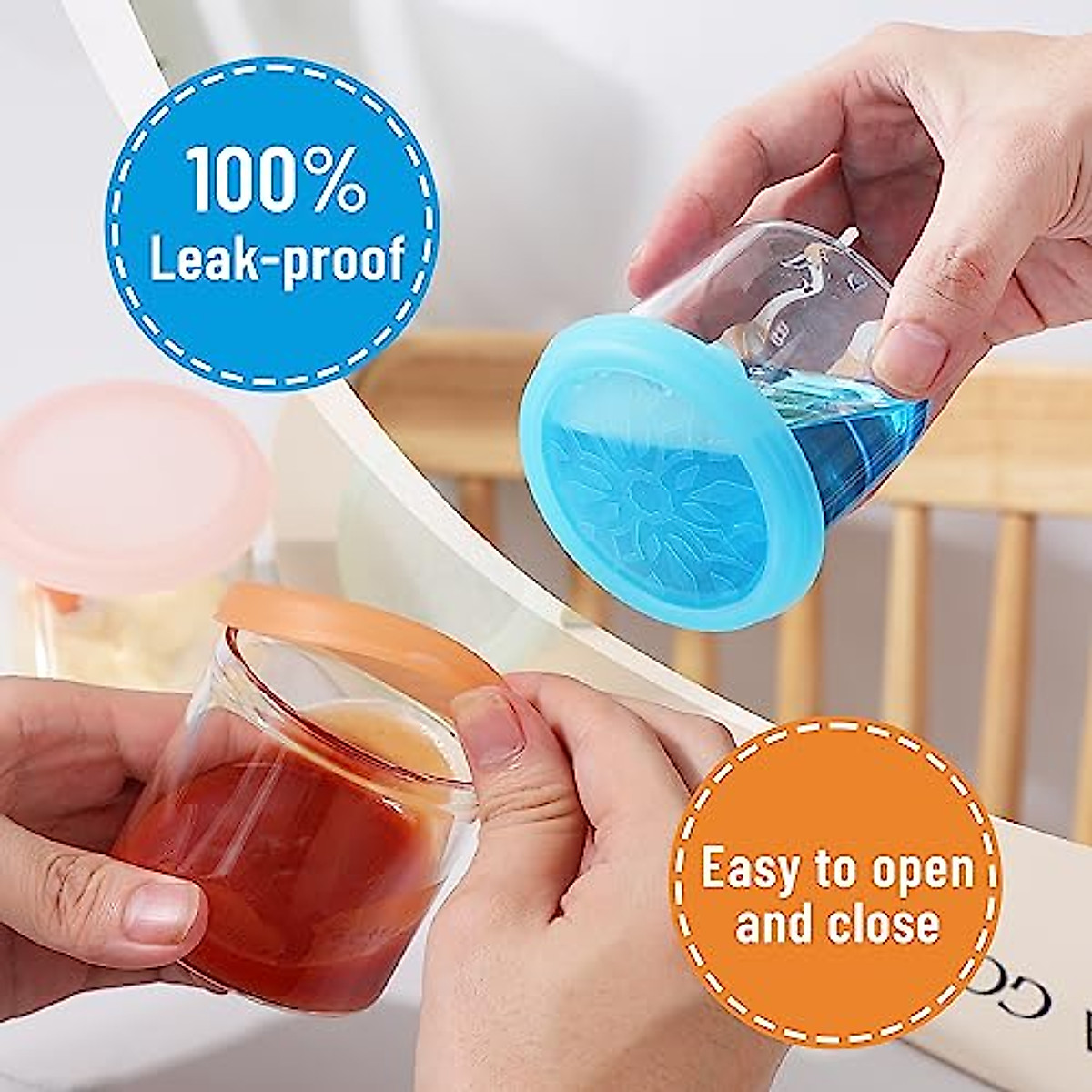 Kieaisy Glass Snack Containers, 4x5oz Small Glass Food Storage Jars, Portable Kids Lunch Containers with Silicon Lids, Condiment Container with Lids | Reusable & Microwave & Dishwasher Safe