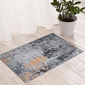 Fashriend Katina Abstract Pastel Entry Rug, 2'×3' Distressed Aesthetic Modern Rug, Non Slip Thin Machine Washable Rug, No Shedding Door Mat with Low Pile for Entrance, Laundry, Kitchen, Bath, Grey