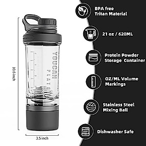 21oz Protein Shaker Bottle with Powder Storage Container-Shaker Cups for Protein Shakes-pre workout bottle-Mixer Cup-Gym Sport Water Bottle -Made with Tritan BPA Free,with Wire Whisk Balls (Black)