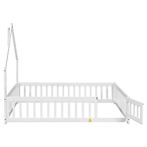 Harper & Bright Designs Kids Full Floor Bed with Rails & House-Shaped Headboard, Wooden Full Montessori Floor Bed Frame, Full Playhouse Bed for Kids Teens Girls Boys (White)