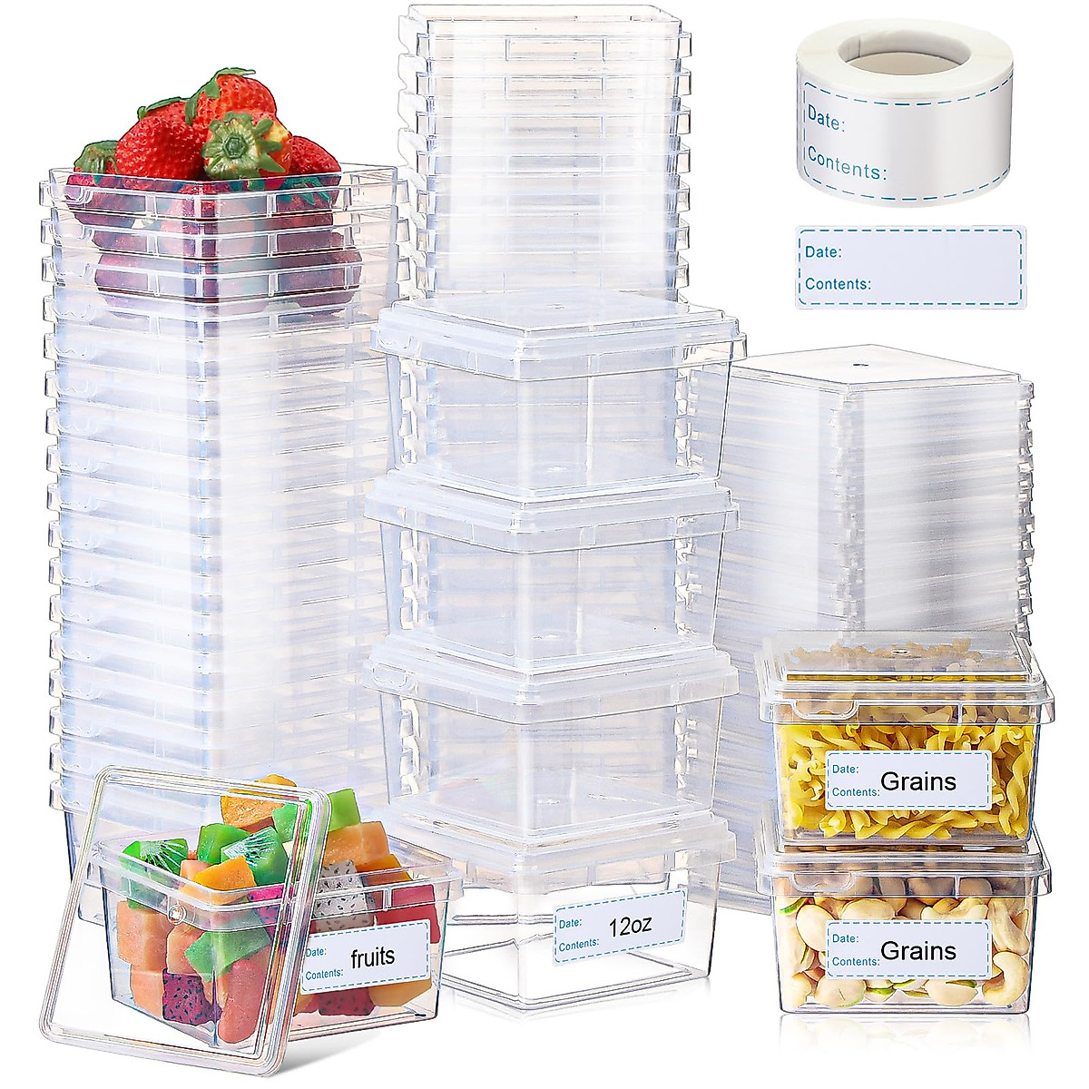 Blushtier 50 Sets 12 oz Square Deli Containers with Lids Stackable Plastic Freezer Food Storage Clear Dessert Containers with Freezer Labels for Takeout Meal Prep Storage, Microwave and Freezer Safe