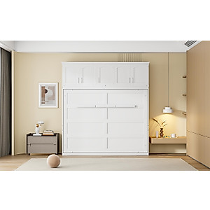 Merax Modern Farmhouse Solid Wood Murphy Bed Chest with Top Cabinets, Tall Wall Platform Bed Space Saving/Wood Slat Support Full,White