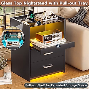 VIAGDO Nightstand with Charging Station and LED Lights, Black Night Stand with Glass Top and Storage Drawers, End Side Tables with Pull-Out Tray and USB Ports, Modern Bedside Tables for Bedroom