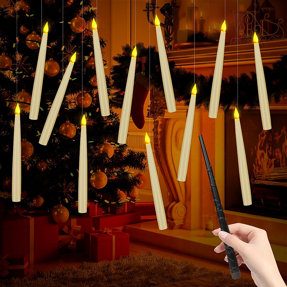 12 Home Decoration Floating Candles with Magic Wand Remote, Flameless Taper Ccandles Warm Light Flickering,Witch Wizard Hanging Candles Lights for Harry Potter Gift Birthday Party Home Room Decor