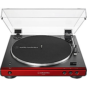 Audio-Technica AT-LP60XBT Stereo Turntable with Bluetooth (Red & Black) + Anti-Static Record Brush + 1/8 Inch Dual RCA Adapter Cable + Photo4Less Cleaning Cloth - Top Value Bundle