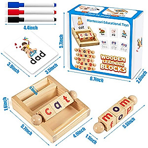 Montessori Toys for Toddlers 3 4 5 Years Old Wooden Reading Writing Blocks Flash Cards Rotating Matching Letters Toy Short Vowel Rods Spelling Games for Kids Alphabet Learning for Preschool Boys Girls