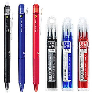 Pilot FriXion Ball Knock Retractable Erasable Gel Ink Pens, Extra Fine Point 0.5mm, Black/Blue/Red Ink, 3 Pens & 9 Refills Value Set