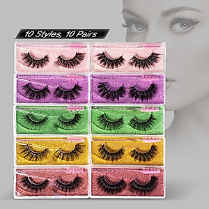 False Eyelashes Wispy 13 to15mm 3D Fluffy Eyelashes Wholesale - Pack 10 Pairs 10 Styles Mink Lashes Bulk -Lightweight Reusable Fake Mink Eyelashes -Natural Look Faux Lashes with Glitter Portable Box