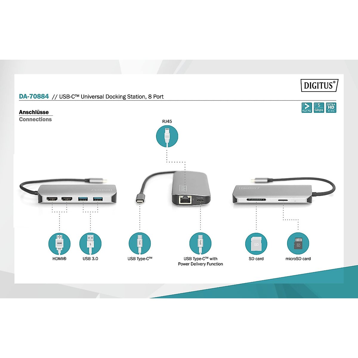 Digitus 8-Port USB-C Dock, 2xUSB3.0, 1xRJ45, 2xHDMI, 1xPD, 1xMicro SD, 1xSD, Grey