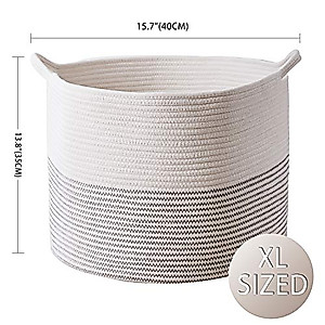 Cotton Rope Basket, 15.7 x 13.8inch Laundry Blanket Storage Basket with Easy-Carry Handles, Baby Nursery Bin for Home Décor and Organizing