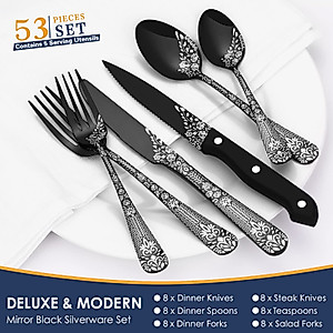 EUIRIO 53-Piece Black Silverware Set with Serving Utensils, Black Flatware Set for 8, Stainless Steel Mirror Cutlery Set, Spoons Forks Knives with Unique Floral Laser, Tableware Set, Dishwasher Safe