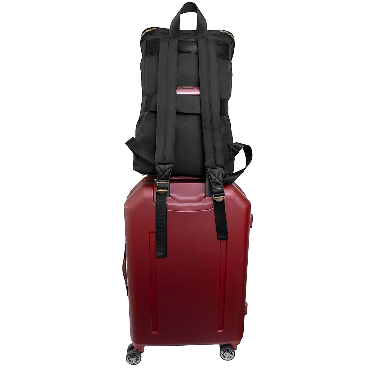 Joan & David Twill Nylon 18" Backpack with Padded Laptop Sleeve, and Luggage Strap with 1 Free TSA Approved Bottle, Fits Up To 15" Inch Laptop (Black)