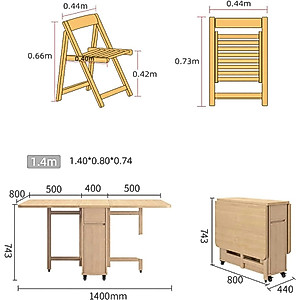 Dining Table Set, Solid Wood Drop Leaf Table, Extendable Moveable Folding Table with Wheels and 4 Chair, Saving Space, Round Edge Design, for Kitchen Dining Room