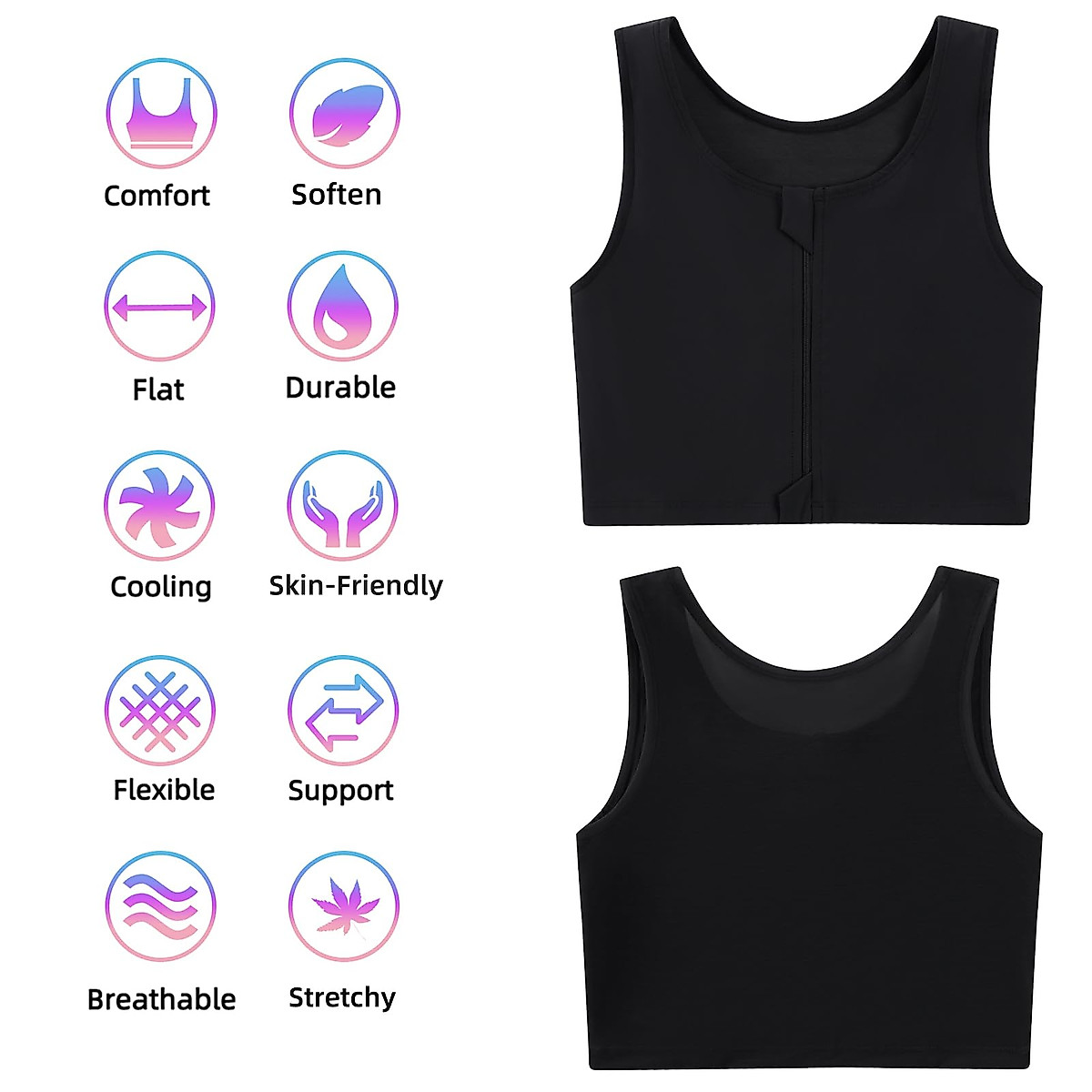 XUJI Women Transgender FTM Zip Up Breathable Half Chest Binder Tank Top (B, L) Black