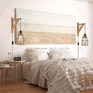 MUEOF Industrial Plug in Wall Sconce Set of 2, with 8.2ft Hemp Rope Cord, On/Off Switch,Farmhouse Wall Light with Metal Shade and Wood Bracket for Bedroom Living Room.