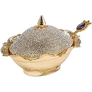 Swarovski Crystal Coated Handmade Brass Sugar Chocolate Candy Bowl Serving Dish with Lid & Spoon (Gold)