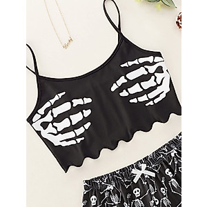 WDIRARA Women's Sleepwear Skull Print Strap Pajama Set Cami and Shorts Black Bow L