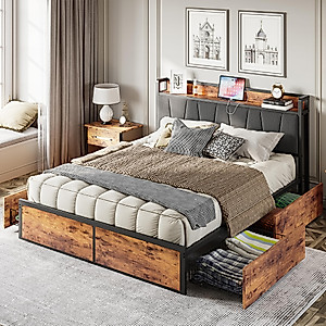 LIKIMIO Queen Bed Frame with 4 Storage Drawers, Platform Bed with Charged Headboard, Sturdy and Stable, No Noise, No Box Spring Needed, Easy to Install, Vintage Brown and Gray