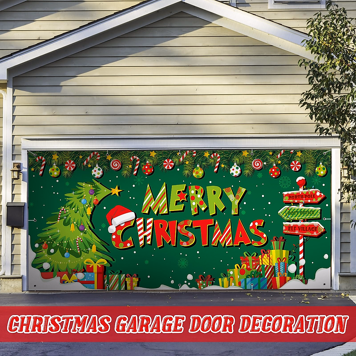 Ganeen Red Green Christmas Outdoor Garage Door Banner Cover 6x13ft Large Merry Christmas Backdrop Decoration Winter Holiday Background Sign for Xmas Garage Door Wall
