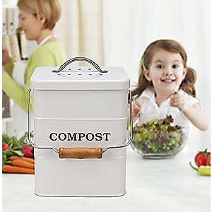 ayacatz Stainless Steel Compost Bin for Kitchen Countertop Compost Bin，1 Gallon, Kitchen Trash Can -Includes Charcoal Filter，Compost Bucket Kitchen Pail Compost with Lid -White
