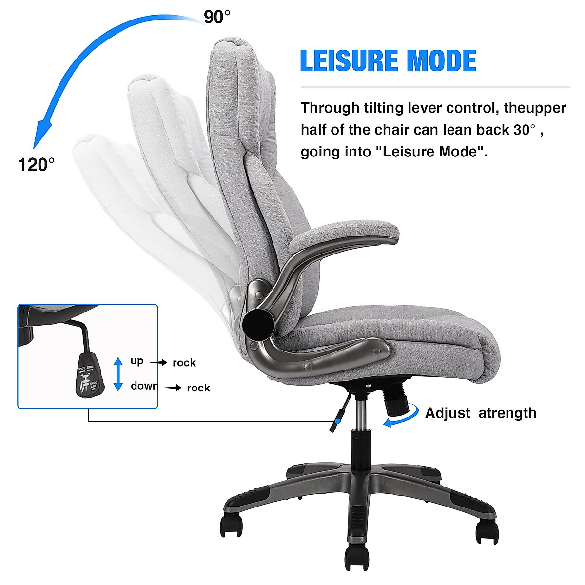 REFICCER Executive Office Chairs with Wheels, Fabric 90-120°Rocking Managerial Chair, Ergonomic High Back Swivel Home Desk Chairs with Flip up Arms and Height Adjustment, (Grey)