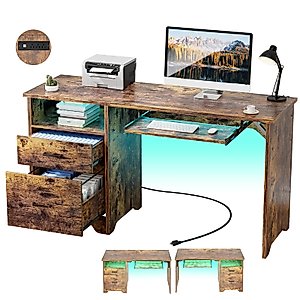 Hyomdeck Office Desk with File Cabinet, 55 Inch Reversible Computer Desk with Smart LED Light and Power Outlet, Sturdy Gaming Desk with Keyboard Tray & Storage Drawers, Easy to Assemble, Rustic Brown