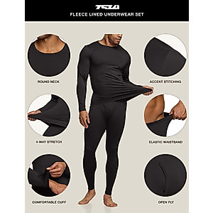 TSLA Men's Thermal Underwear Set, Microfiber Soft Fleece Lined Long Johns, Winter Warm Base Layer Top & Bottom, Soft Micro Fleece Fly-front Black, X-Large