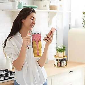 Pink Glaze Sprinkles Waffle Tumbler with Handle and Straw Lid, 40 oz Insulated Coffee Cup Stainless Steel Water Bottle Travel Mug Cupholder Friendly,Gifts for Women Men