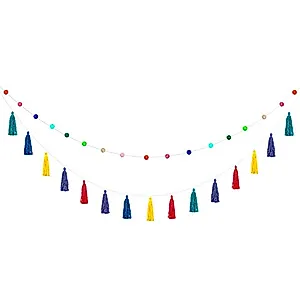 IMIKEYA 2pcs Felt Ball Tassel Garland,Pompom Ball Garland Colorful Tassel Banner Wall Hanging Decor for Birthday Party Baby Shower Nursery Room