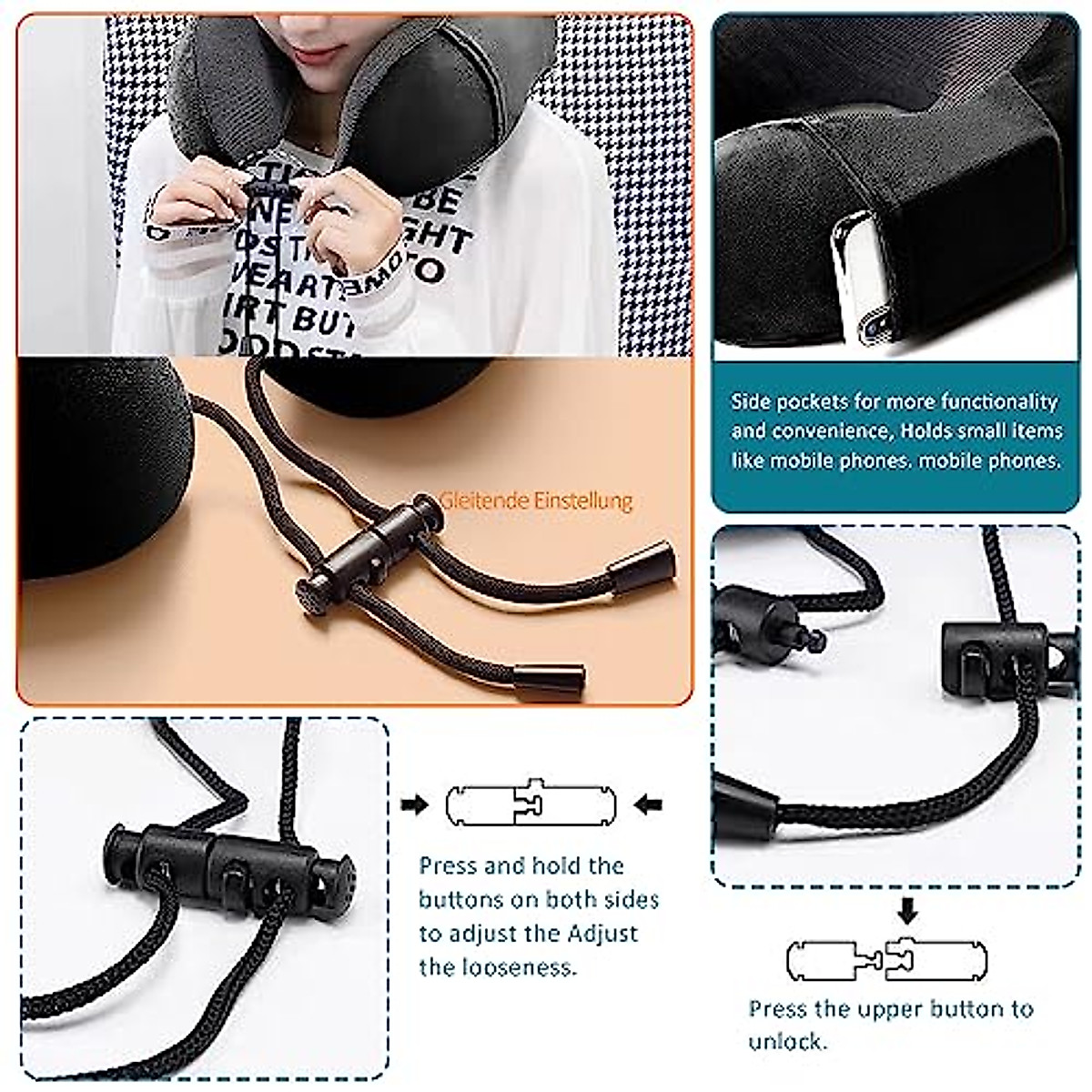 KLERICER Travel Neck Pillow, Memory Foam Neck Pillow for Airplane, Portable 360°Head Support Travel Foam Neck Pillow, with Eye Mask,Earplug and Carry Bag for Airplane, Sleeping, Office (Black)