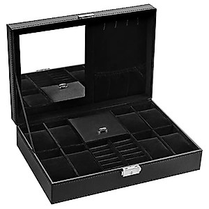 BASTUO Jewelry Box 8 Watch Display Case Organizer Jewelry Trey Storage Box PU Leather with Mirror and Lock， Black with Black Lining