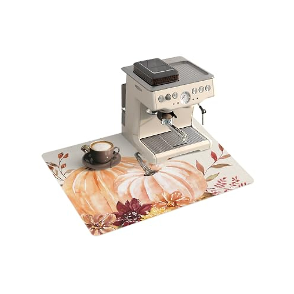 Thanksgiving Pink Orange Pumpkin Coffee Mat Coffee Maker Mat,Super Absorbent Coffee Bar Accessories,Watercolor Flower Leaves on Linen Non-slip Coffee Station Mat Dish Drying Pad,18x28in