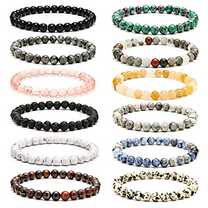 EACHAR 12Pcs 6MM/8MM Round Natural Stone Bracelets Beads Healing Crystals Quartz Y2K Stretch Bracelets for Women Men Girls Gifts Unisex (BE000002-1) (6MM)
