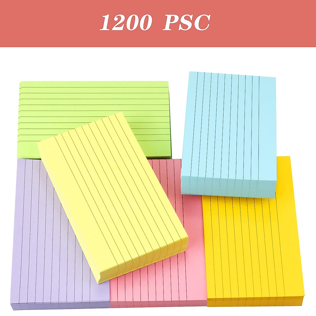 Tecmisse 1200 PCS Ruled Index Cards, 3x5 Inches Colorful Index Cards, Heavy Note Cards, Study Cards for School, Learning, Memo Scratch Pad, 6 Colors