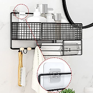 Shower Caddy Shelf with Hooks and Paper Rack Punch-free Bathroom Storage Rack Organizer No Drilling Wall Mounted Stainless Steel Shower Basket Storage Shelf (Golden)