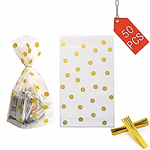 We Moment Clear Cello Bags for Treat Candy Cookie Party Favor Bags, Plastic Bags for Bakery, Cookies, Candies Chocolate,Snack Wrapping,for Wedding Shower Kid’s Birthday Party,Gold Dot,50pcs