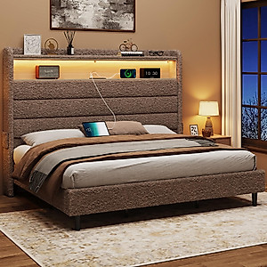 Jocisland Full Bed Frame with LED Lights Charging Station Tall Headboard Upholstered Platform Bed Wingback, No Box Spring Needed, Boucle Khaki