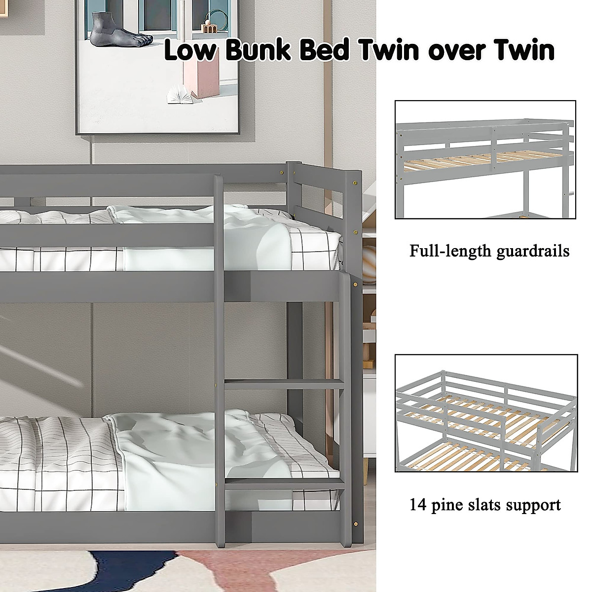 Bunk Beds Twin Over Twin, Wood Kids Low Bunk Bed with Guard Rails, Ladder for Young Children Boys Girls Dormitory Bedroom, No Box Spring Needed (Grey)