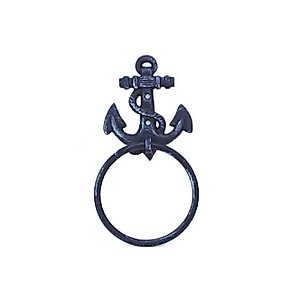 Handcrafted Nautical Decor Rustic Dark Blue Cast Iron Anchor Towel Holder 8.5" - Cast Iron Decoration - an