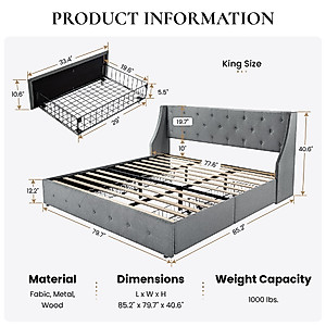 SHA CERLIN King Size Platform Bed Frame with 4 Storage Drawers and Wingback Headboard, Diamond Stitched Button Tufted Design, No Box Spring Needed, Light Grey