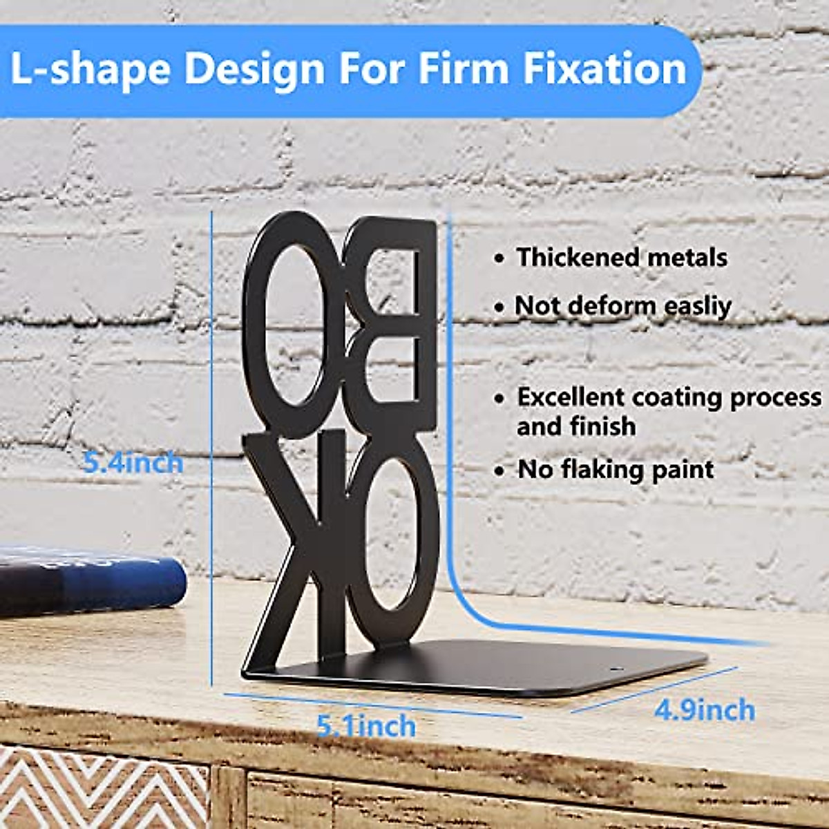 Book Ends - Decorative Metal Book Ends Supports for Bookrack Desk (Black Book Ends 4 Pack)