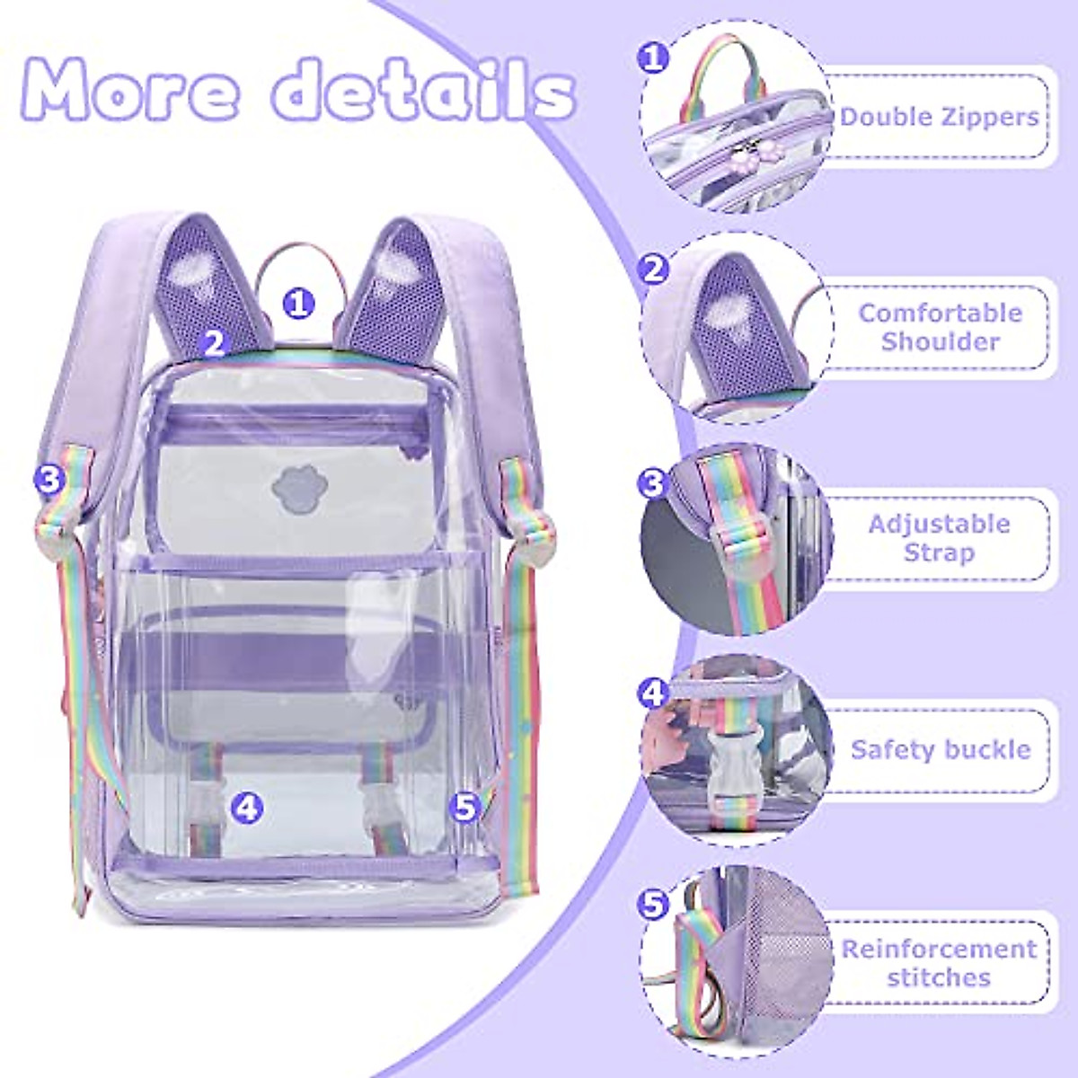 Maod Clear Backpack Heavy Duty Stadium Approved PVC Transparent Large School Book Bag with Free Sticker and A Pendant (Purple)