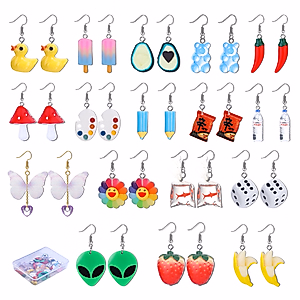 Sanfenly 17 Pairs Cute Weird Earrings Aesthetic Funny Earrings for Women Gummy Bear Duck Water Bottle Mushroom Butterfly Strawberry Banana Avocado Paint Palette Chili Funny Drop Dangle Earrings with